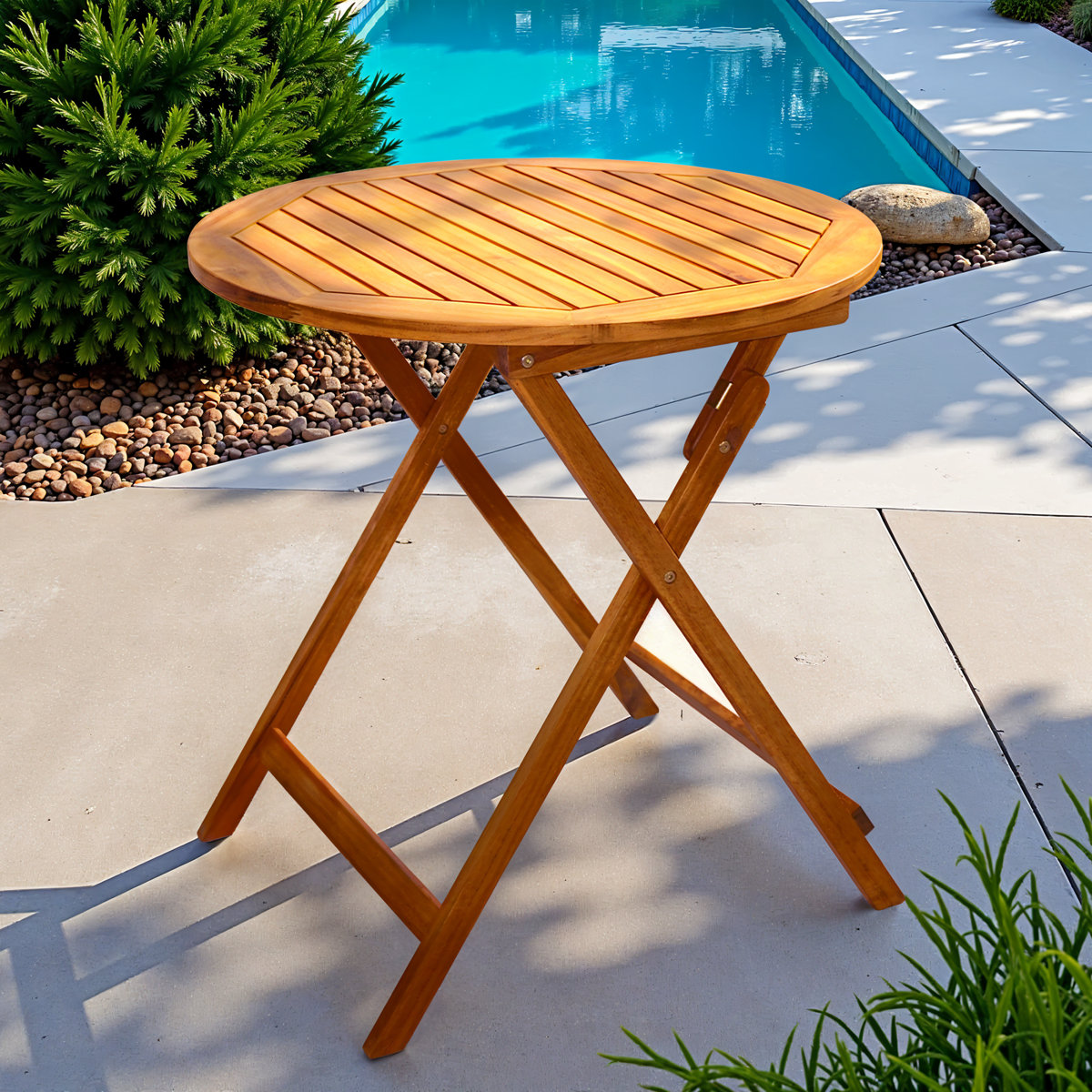 Ebern Designs Anya 27.6'' Round Folding Acacia Wood Outdoor Side Table, Folding Bistro Table ...